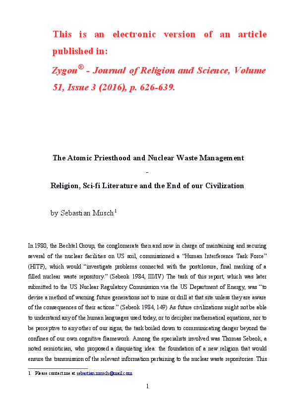 (PDF) The Atomic Priesthood and Nuclear Waste Management - Religion ...