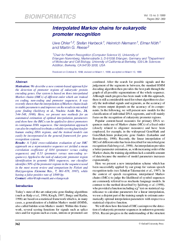 (PDF) Interpolated markov chains for eukaryotic promoter recognition