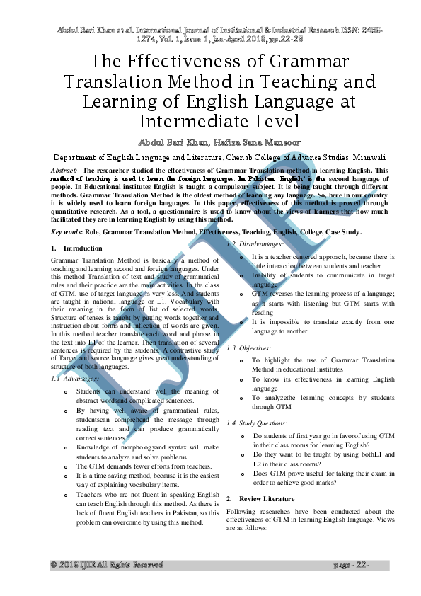 (PDF) The Effectiveness of Grammar Translation Method in Teaching and ...