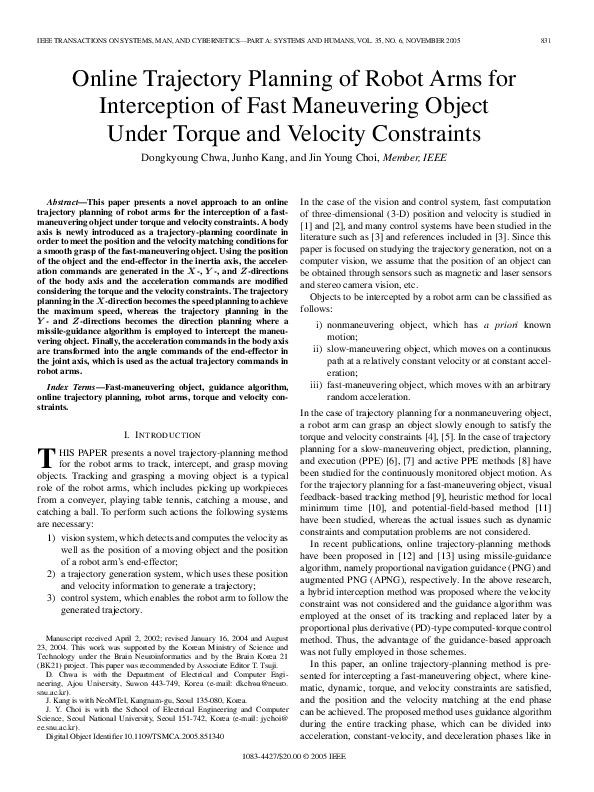 (PDF) Online trajectory planning of robot arms for interception of fast ...