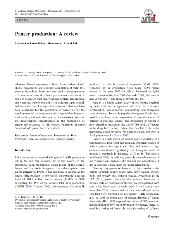 (PDF) Paneer production: A review