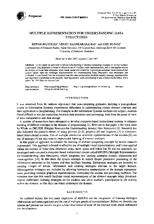 (PDF) Multiple representation for understanding data structures
