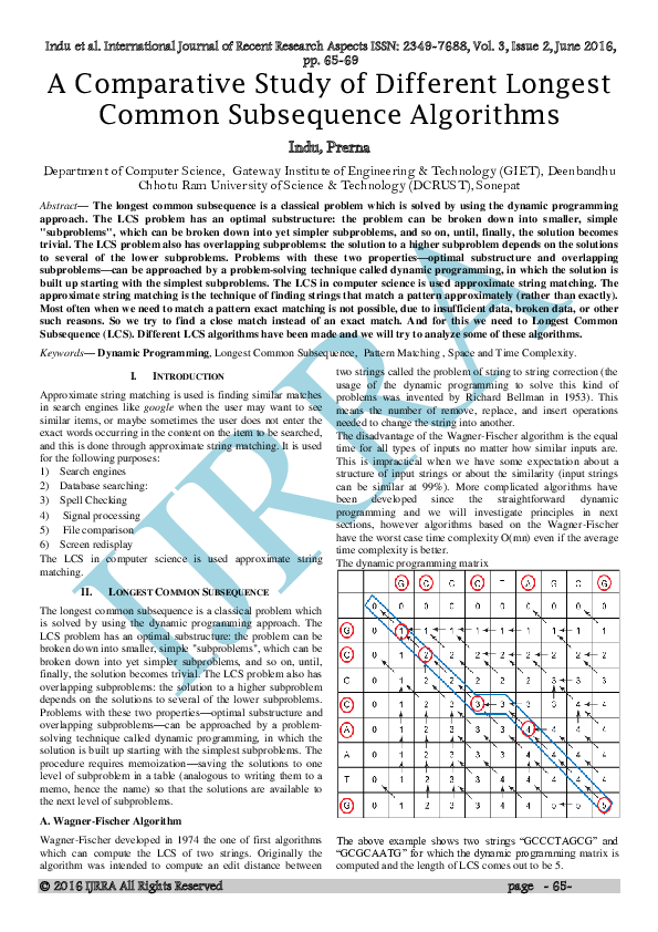 (PDF) A Comparative Study of Different Longest Common Subsequence Algorithms