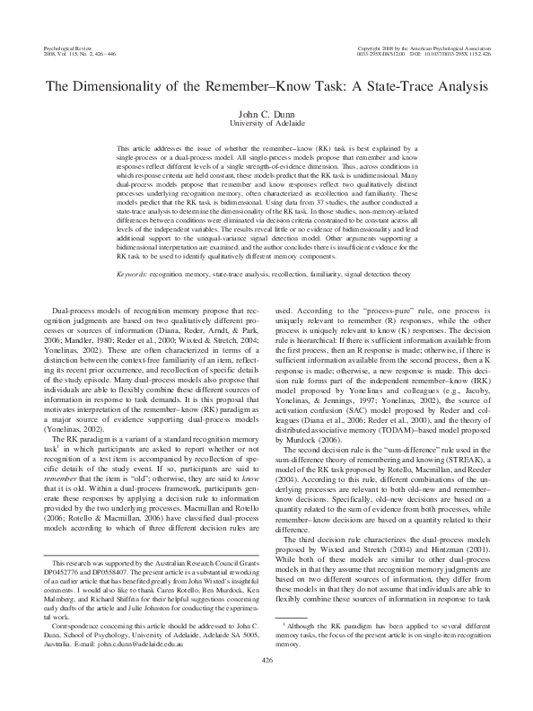 Pdf The Dimensionality Of The Remember Know Task A State Trace Analysis