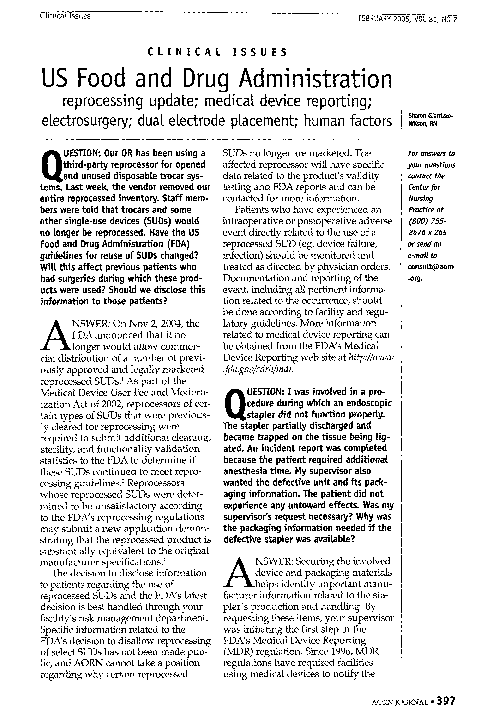 (PDF) US Food and Drug Administration reprocessing update; medical ...