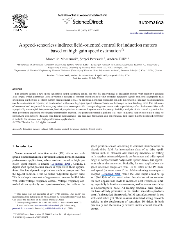 Pdf Sensorless Indirect Field Oriented Control Of Induction Motor Via Adaptive Speed Observer 