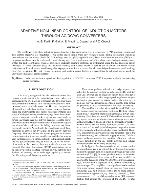 Pdf Adaptive Nonlinear Control Of Induction Motors Via Extended Matching