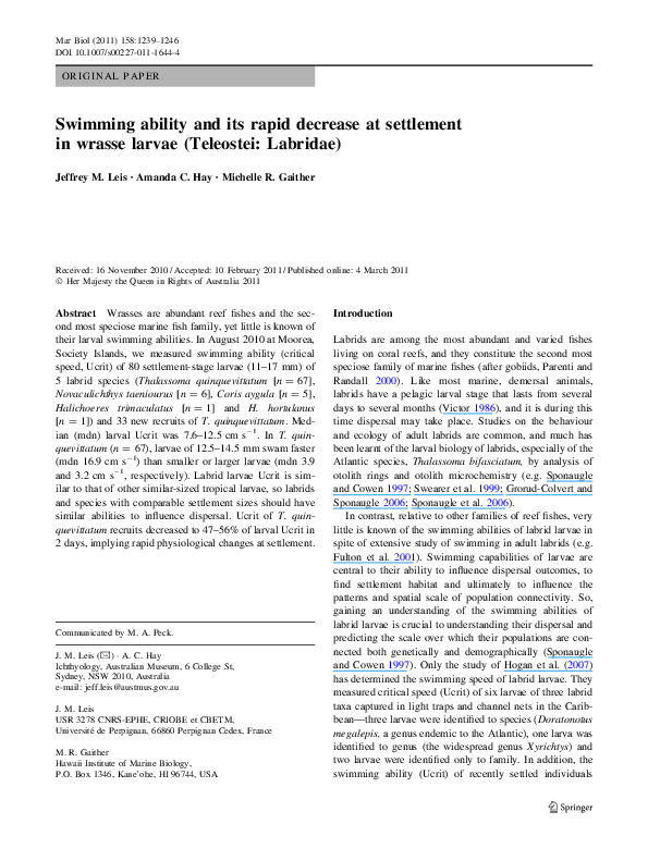 (PDF) Swimming ability and its rapid decrease at settlement in wrasse ...