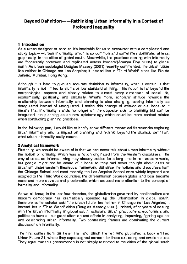 (PDF) Beyond Defini+on——Rethinking Urban Informality in a Context of ...