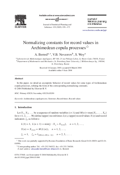 (PDF) Normalizing constants for record values in Archimedean copula processes