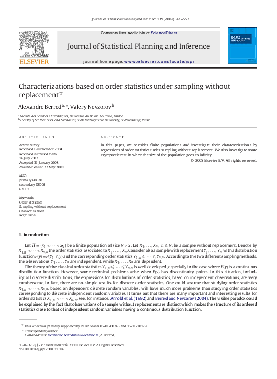 (PDF) Characterizations based on order statistics under sampling without replacement