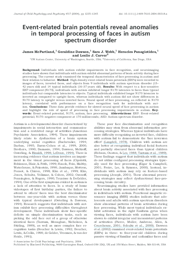 (PDF) Event-related brain potentials reveal anomalies in temporal processing of faces in autism ...
