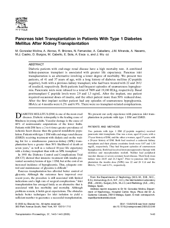 (PDF) Pancreas Islet Transplantation in Patients With Type 1 Diabetes ...