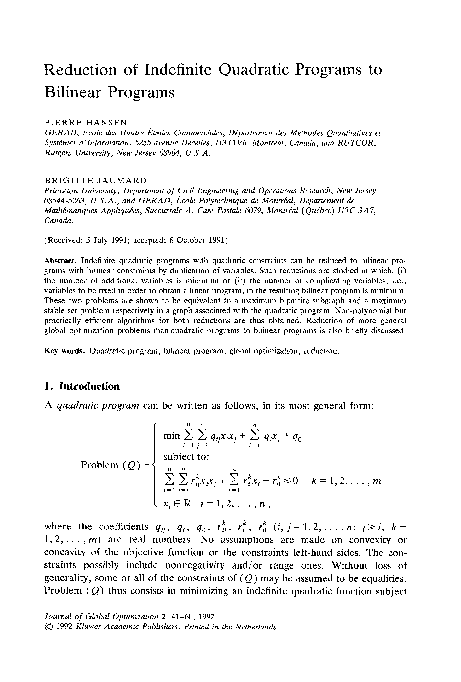 (PDF) Reduction of indefinite quadratic programs to bilinear programs