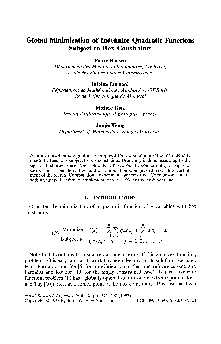 Pdf Global Minimization Of Indefinite Quadratic Functions Subject To Box Constraints