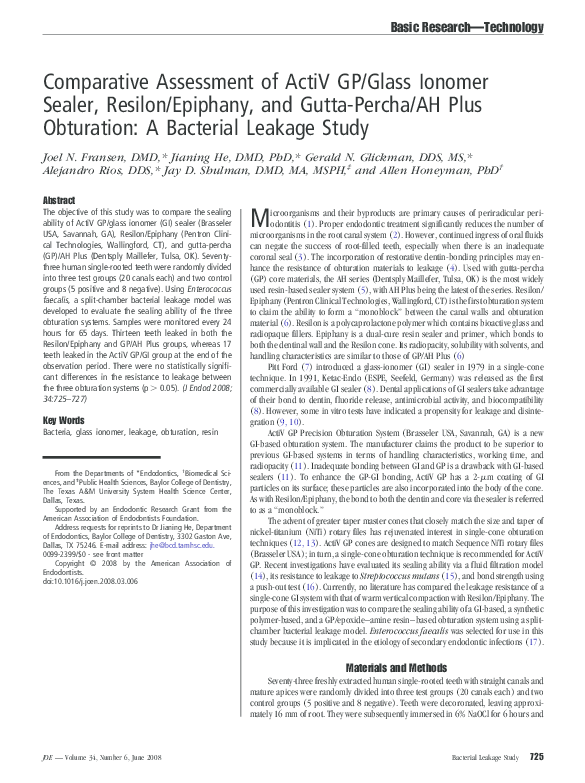 (PDF) Comparative Assessment of ActiV GP/Glass Ionomer Sealer, Resilon ...