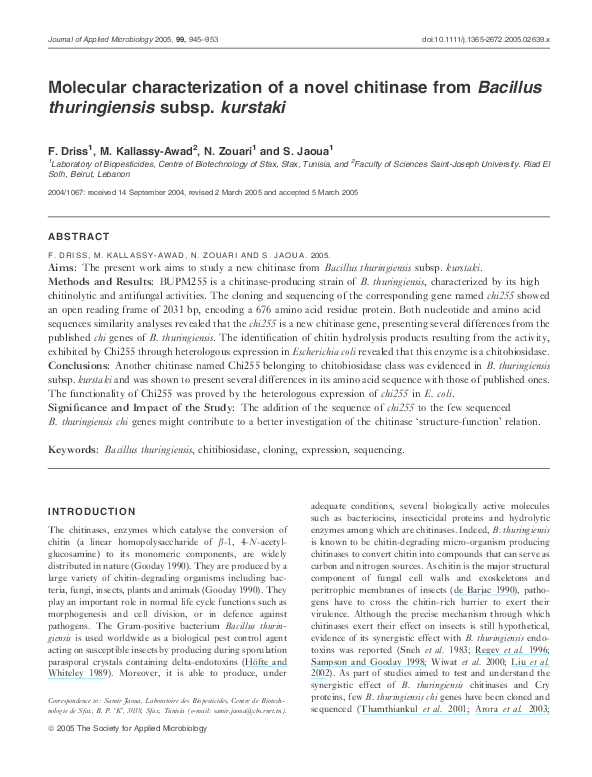 (PDF) Molecular characterization of a novel chitinase from Bacillus thuringiensis subsp. kurstaki