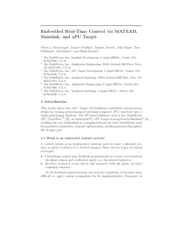 Pdf Embedded Real Time Control Via Matlab Simulink And Xpc Target