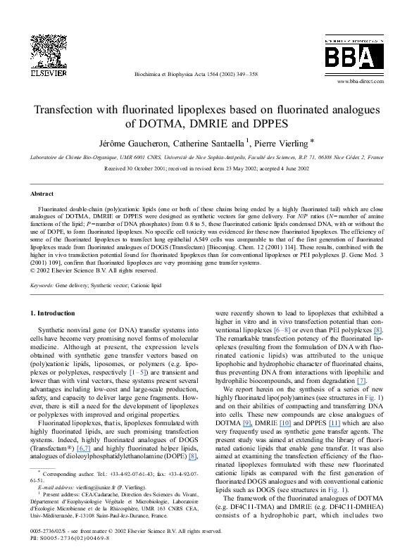 (PDF) Transfection with fluorinated lipoplexes based on fluorinated analogues of DOTMA, DMRIE ...