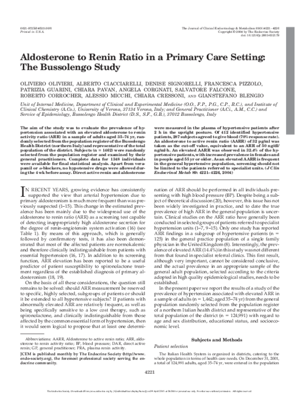 (PDF) Aldosterone to Renin Ratio in a Primary Care Setting: The Bussolengo Study