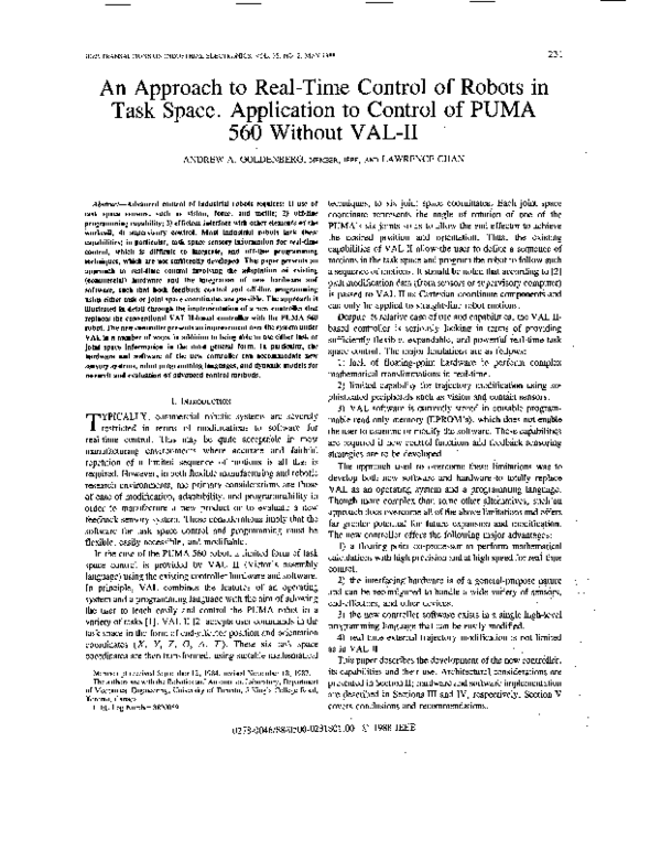 (PDF) An approach to real-time control of robots in task space. Application to control of PUMA ...