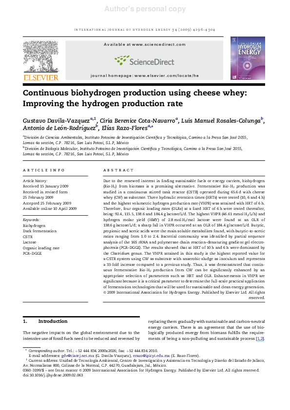 Pdf Continuous Biohydrogen Production Using Cheese Whey Improving