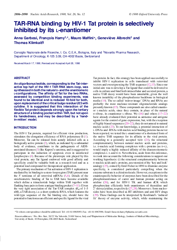 (PDF) TAR-RNA binding by HIV1 Tat protein is selectively inhibited by ...