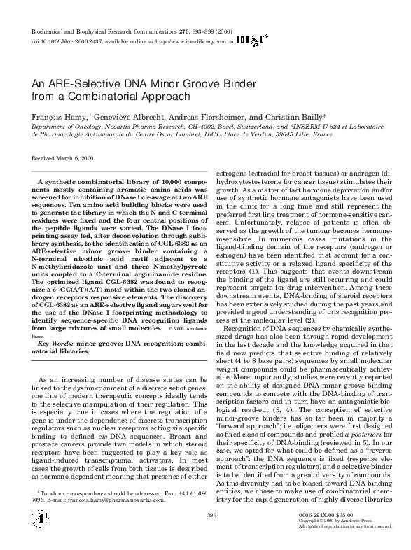 (PDF) An ARE-Selective DNA Minor Groove Binder from a Combinatorial Approach