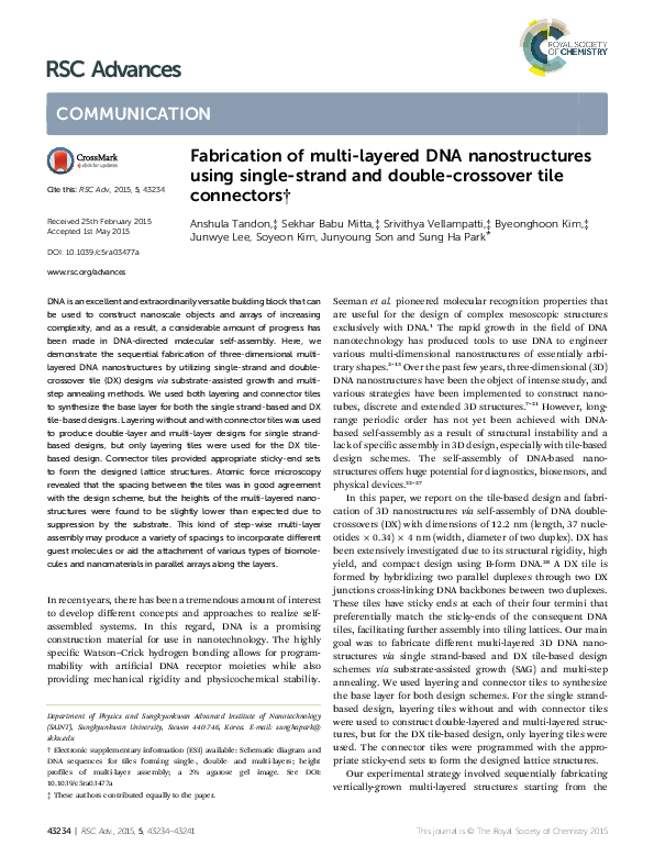 (PDF) Fabrication of Multi-layered DNA Nanostructures Using Single-strand and Double-crossover ...