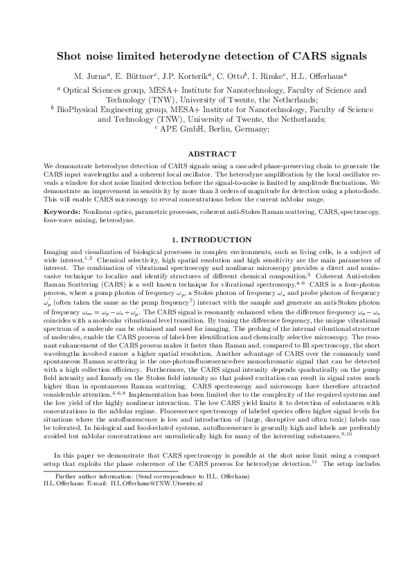 Pdf Shot Noise Limited Heterodyne Detection Of Cars Signals