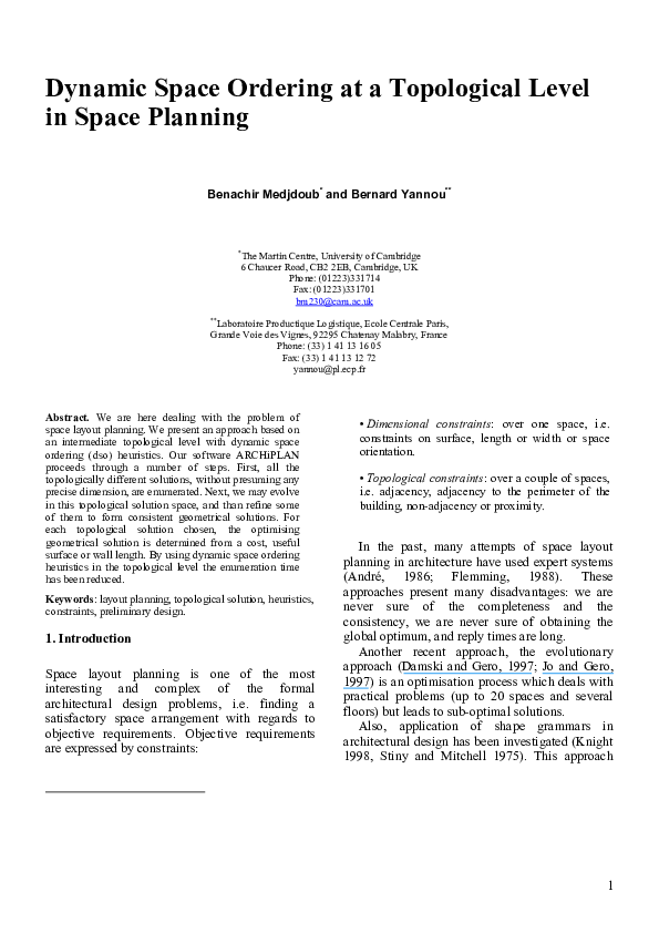 (PDF) Dynamic space ordering at a topological level in space planning