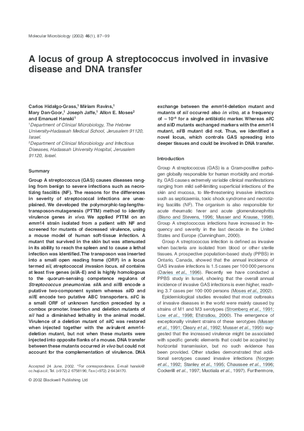 (PDF) A locus of group A streptococcus involved in invasive disease and ...