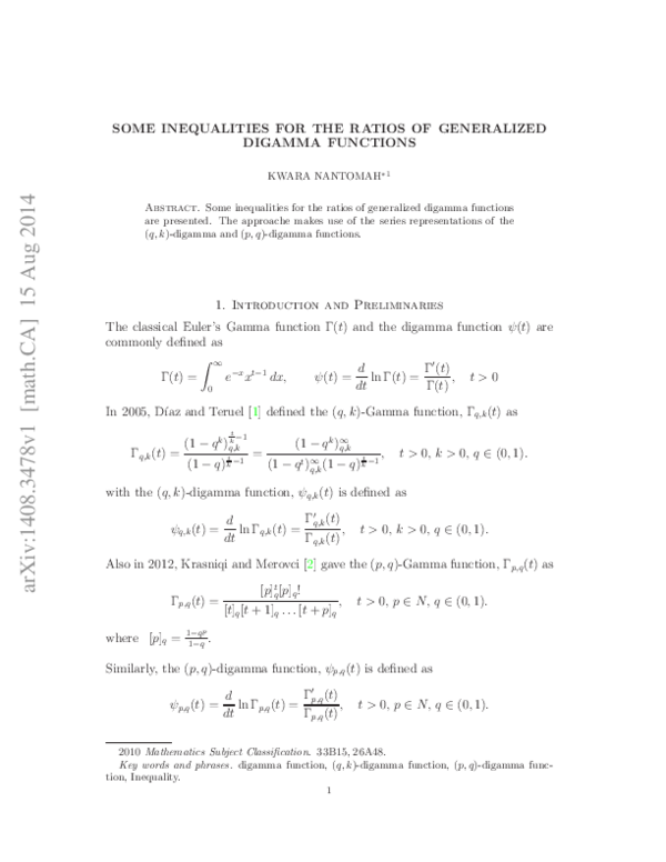 (PDF) Some Inequalities for the Ratios of Generalized Digamma Functions
