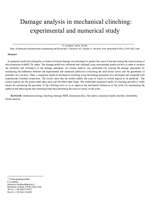 (PDF) Damage analysis in mechanical clinching: experimental and numerical study