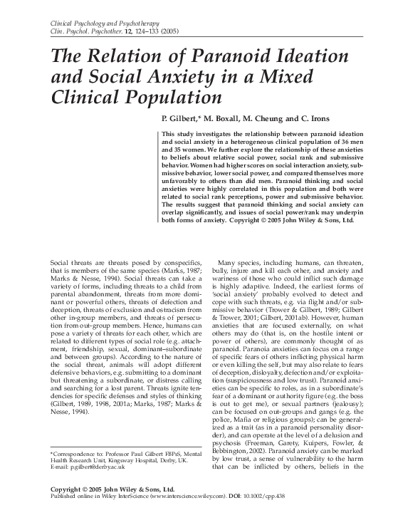 (PDF) The relation of paranoid ideation and social anxiety in a mixed ...