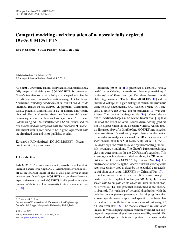 Pdf Compact Modeling And Simulation Of Nanoscale Fully Depleted Dg Soi Mosfets