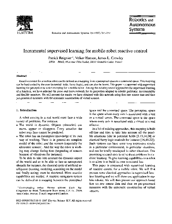 (PDF) Incremental supervised learning for mobile robot reactive control