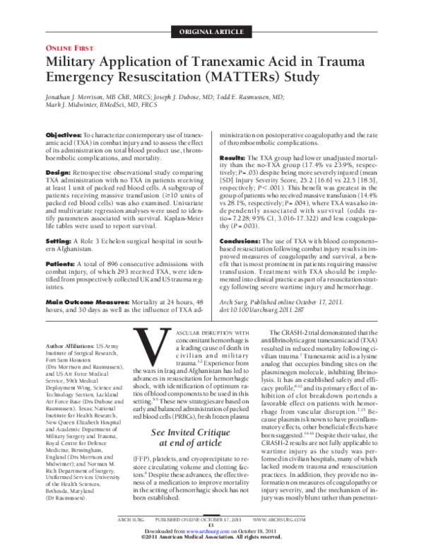 (PDF) Military Application of Tranexamic Acid in Trauma Emergency ...