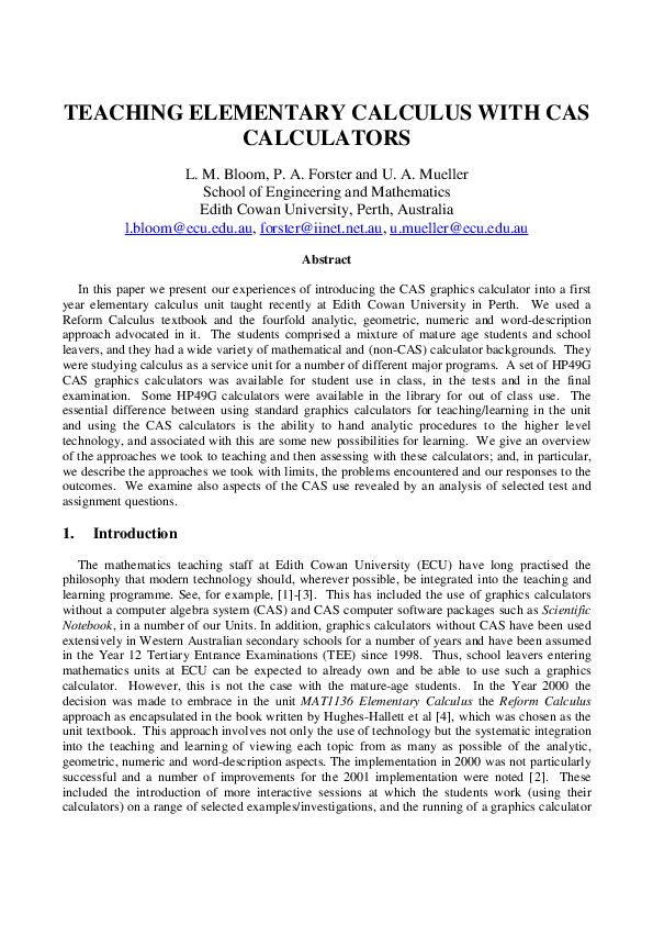 (PDF) Teaching elementary calculus with CAS calculators