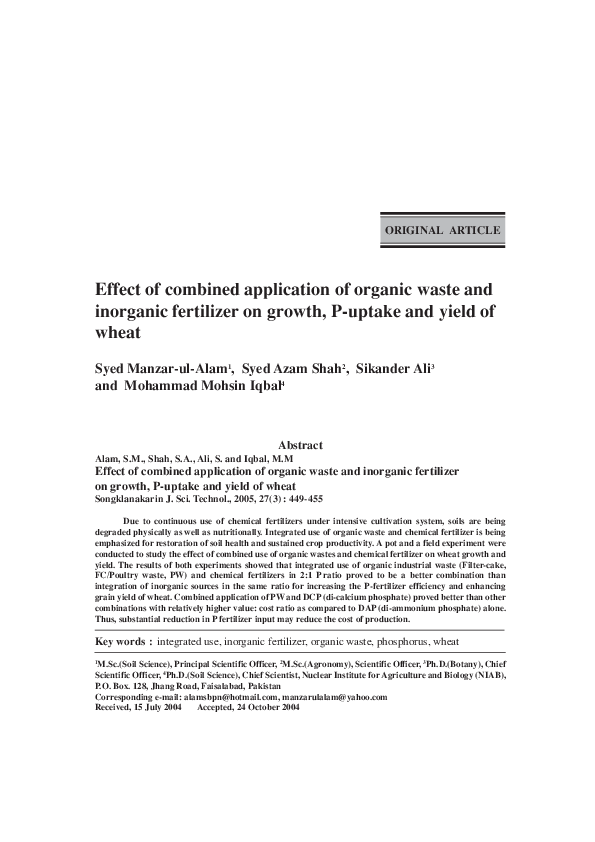 (PDF) Effect of combined application of organic waste and inorganic fertilizer on growth, P ...