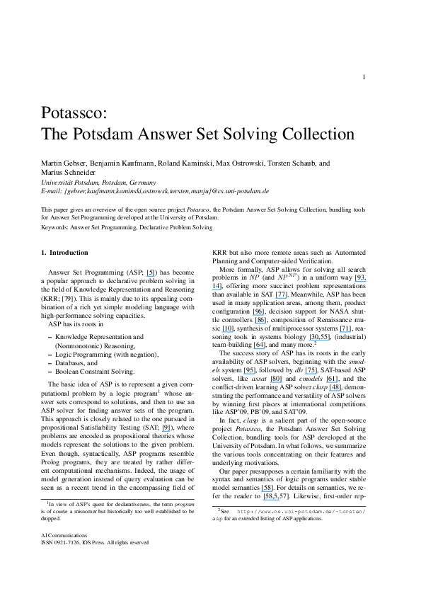 (PDF) Potassco: The Potsdam Answer Set Solving Collection