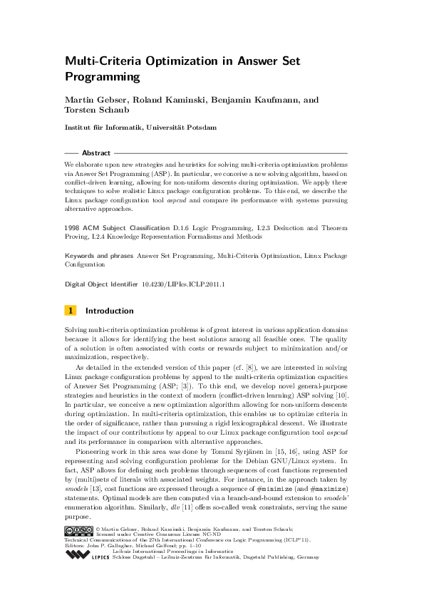 (PDF) Multi-criteria optimization in answer set programming