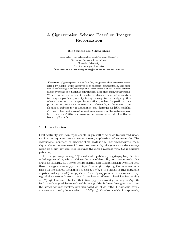 (PDF) A Signcryption Scheme Based on Integer Factorization