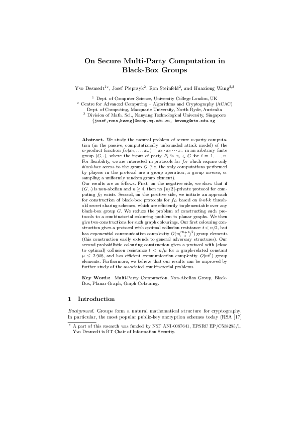 (PDF) On Secure Multi-party Computation in BlackBox Groups