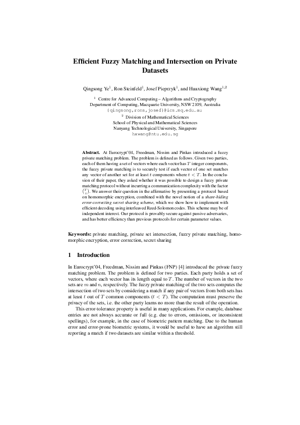 (PDF) Efficient Fuzzy Matching and Intersection on Private Datasets