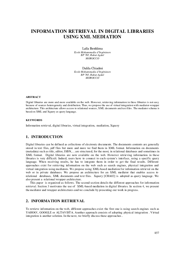 (PDF) Information Retrieval in Digital Libraries Using XML Mediation