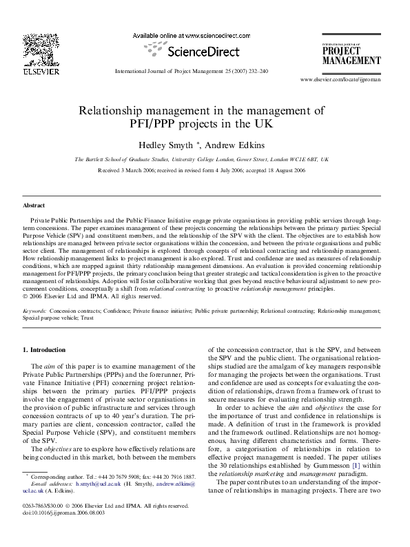 (PDF) Relationship management in the management of PFI/PPP projects in ...