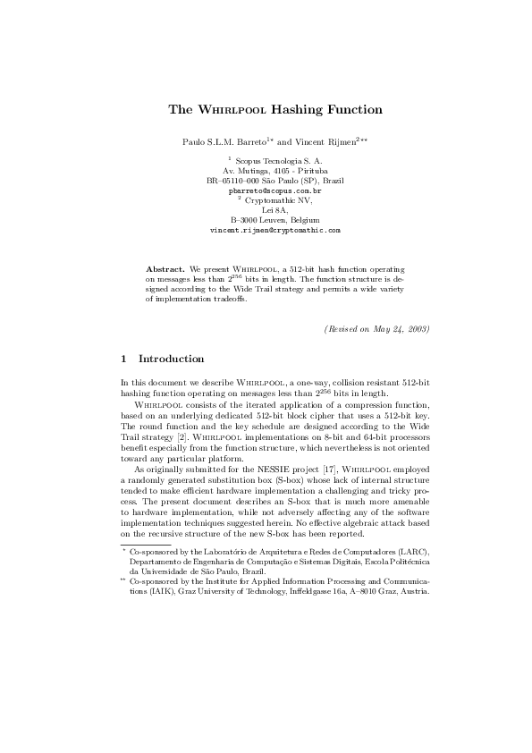 (PDF) The WHIRLPOOL Hashing Function