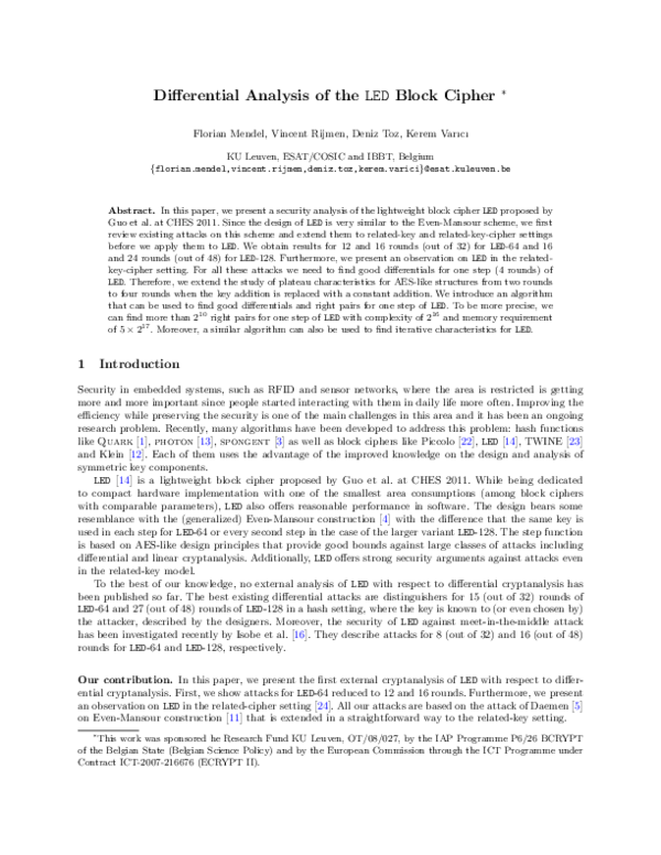 (PDF) Differential Analysis of the LED Block Cipher | Vincent Rijmen - Academia.edu