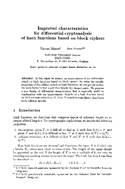 Pdf Improved Characteristics For Differential Cryptanalysis Of Hash Functions Based On Block
